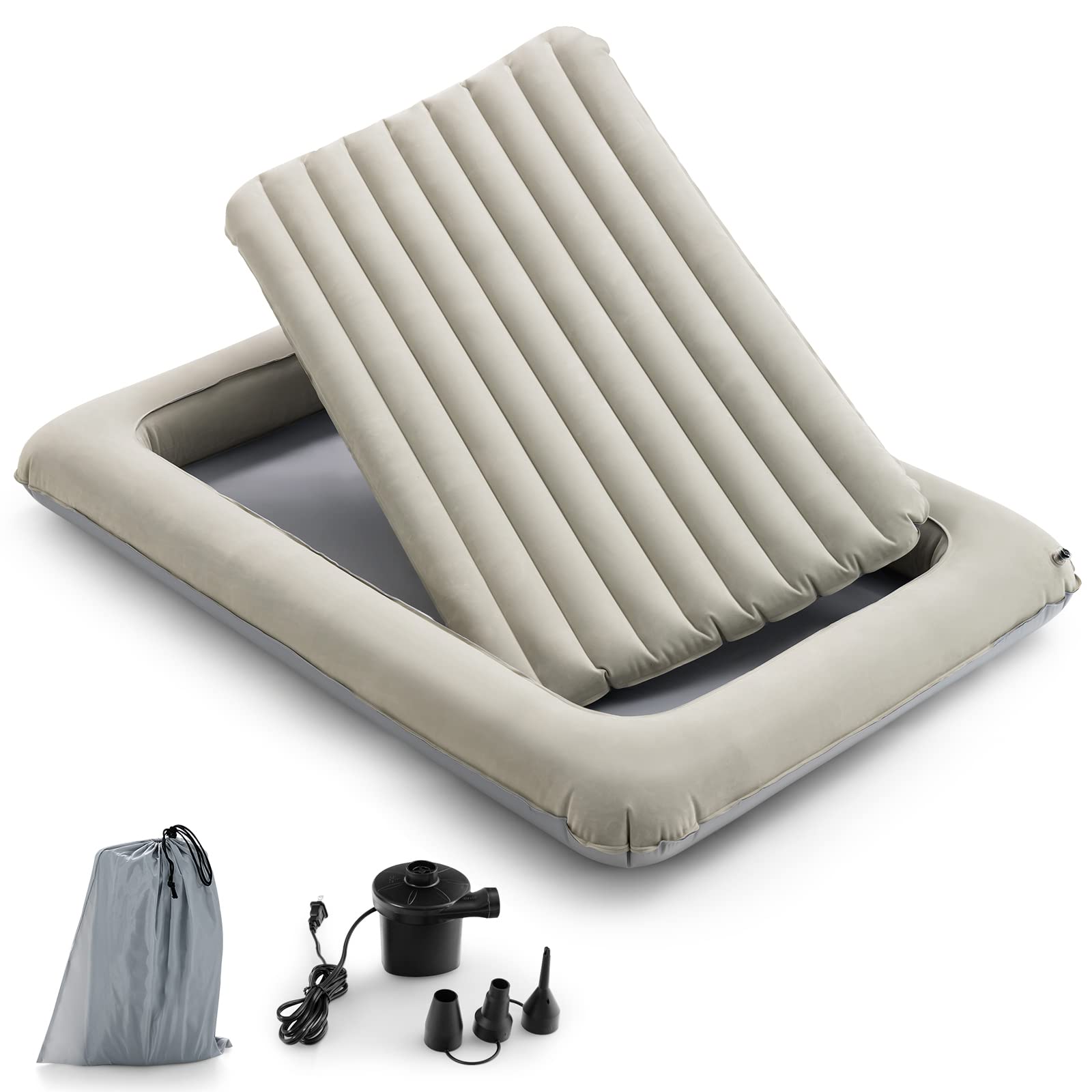 Costzon Toddler Travel Bed, Portable Toddler Bed with Detachable 2 Sided Air Mattress, Electric Pump, Storage Bag, Inflatable Blow Up Kids Bed, Perfect for Boys Girls Travel, Camping, Sleeping (Gray)
