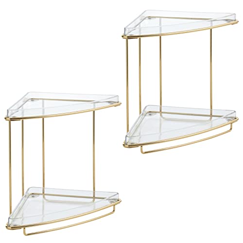 mDesign Steel/Plastic Freestanding Countertop Corner Shelf Organizer with 2-Tier Storage for Bathroom, Vanity, Cabinet, Counter - Holds Makeup, Bath Gel - Prism Collection - 2 Pack - Clear/Soft Brass