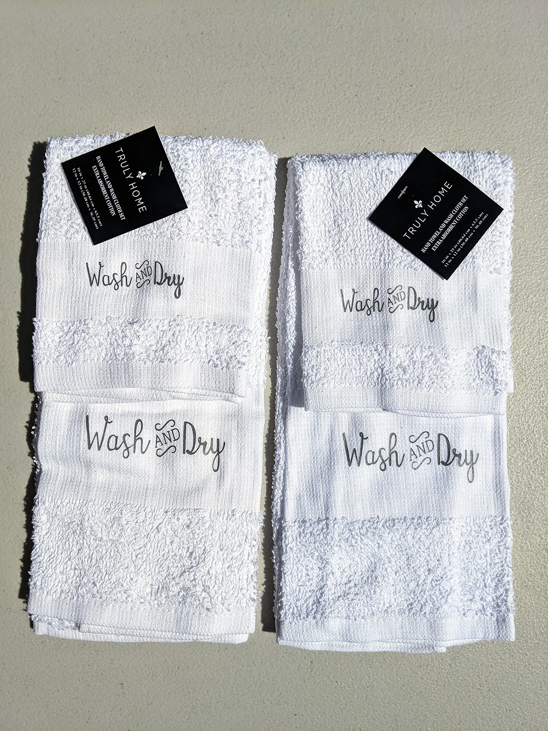 Bright Collection 2 Dishcloth & 2 Hand Towel Set - (4 pc) Inspirational Sentiment Quote Message Kitchen Bathroom (Bright White Wash and Dry)