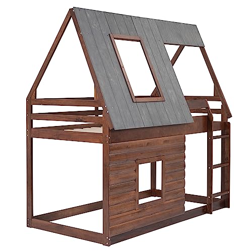 Merax Twin Over Twin Bunk Bed Wood Frame with Roof, Ladder and 2 Windows for Kids Teens Girls Boys,Oak & Smoky Grey