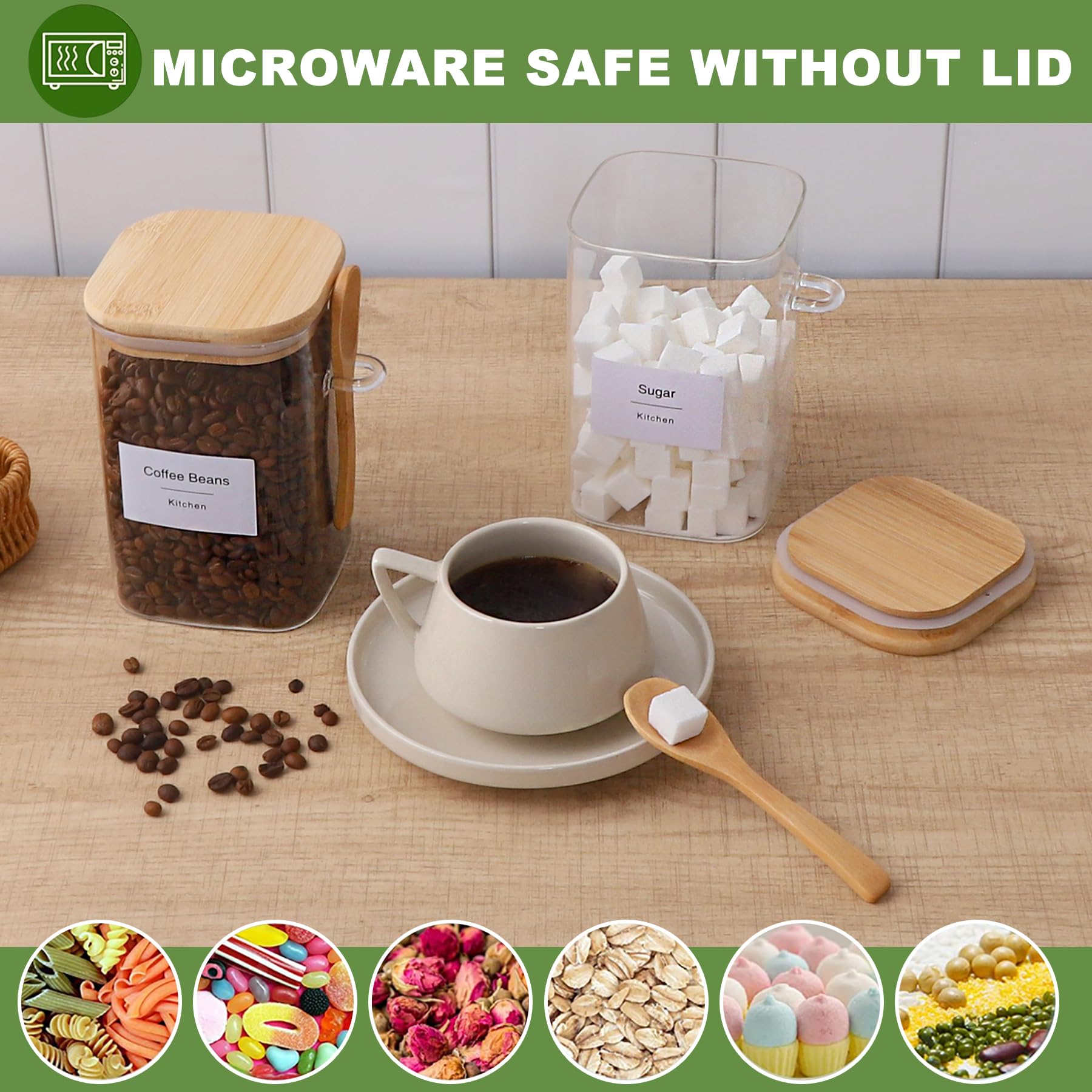 Flour and Sugar Containers - 34 oz Glass Jar with Bamboo Lid and Spoon, Sugar Holder and Canister for Countertop, Glass Containers for Coffee Beans, Tea, Flour, Nuts, Candy and Cookie (Set of 2)