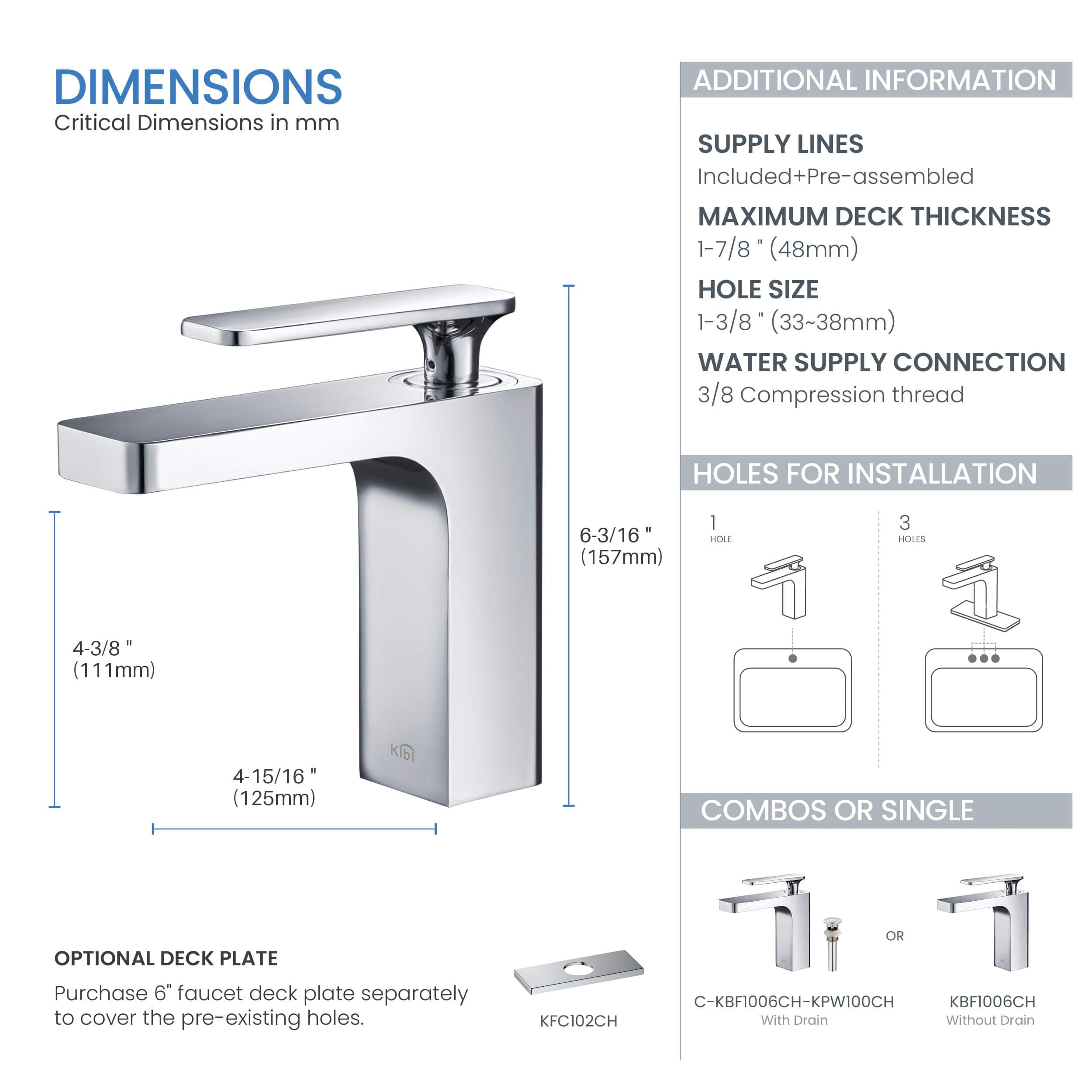 KIBI Infinity Single Handle Bathroom Vanity Sink Faucet with Pop Up Drain | Solid Brass Lavatory Faucet with High Arc Spout | Includes Water Hose for Easy Installation (Chrome Finish, KBF1006)