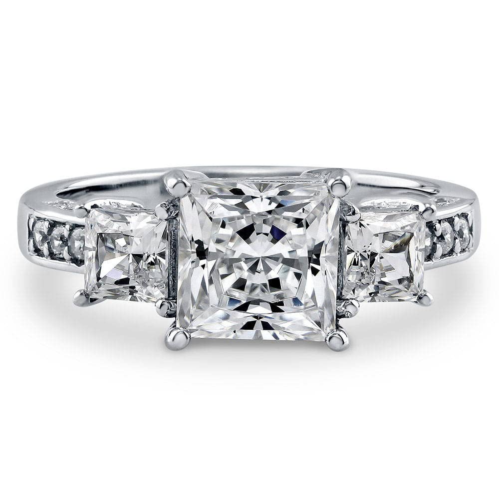 BERRICLE Sterling Silver 3-Stone Wedding Engagement Rings Princess Cut Cubic Zirconia CZ Ring for Women, Rhodium Plated Size 7.5