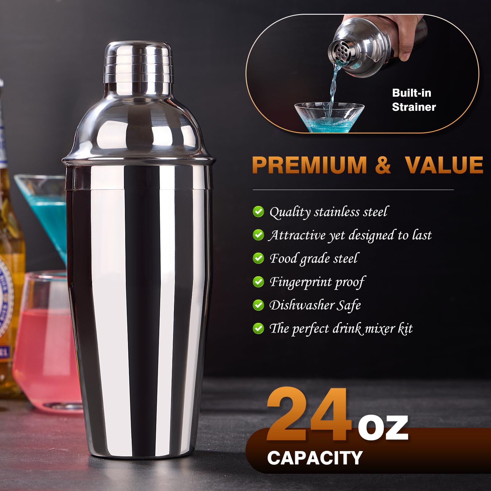 Cocktail Shaker Set Bartender Kit 26-Piece Stainless Steel Bar Tool Set with Bamboo Stand,Home Cocktail Tool with All Bar Accessories (Silver)