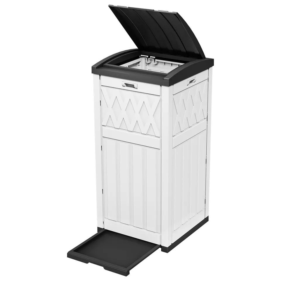 Denominate Outdoor Trash Can with Tiered Lid and Drip Tray Gray, 33 Gallon Size, Waterproof Garbage Bin for Patio or Yard Debris Management