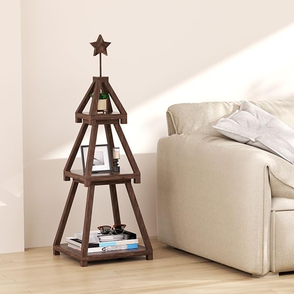Cotata 41.3 inch 3-Tier Christmas Bookcase,Ladder Corner Solid Wood Tree Bookshelf for liveroom,Walnut