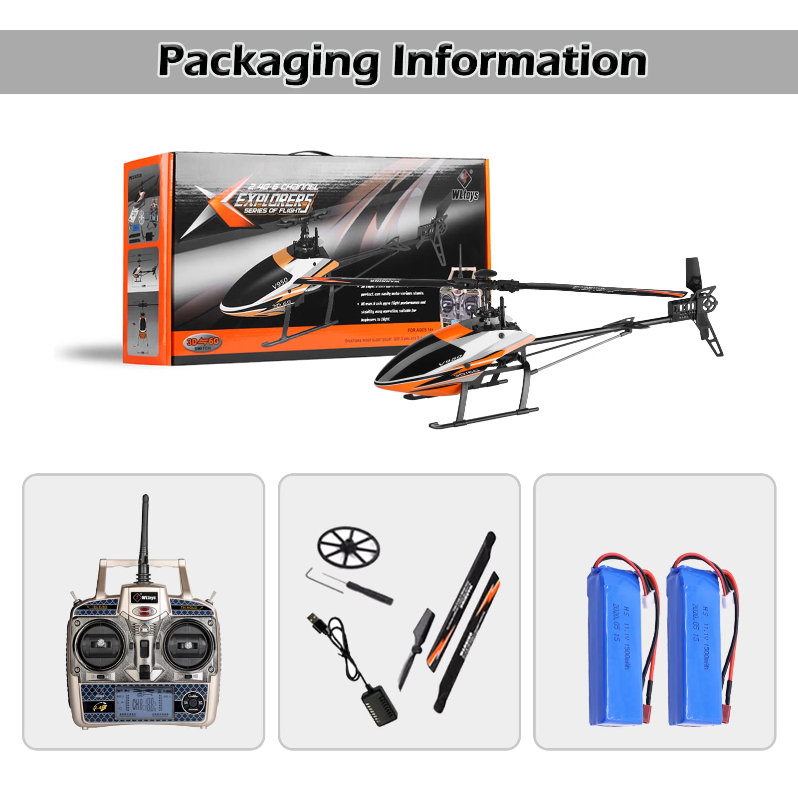 WLtoys V950 Remote Control Helicopter, 6 Channel Brushless RC Helicopters with 3D/6G Mode, 2.4GHz RC Aircraft RTY for Kids, Adults, Beginners, Flybarless