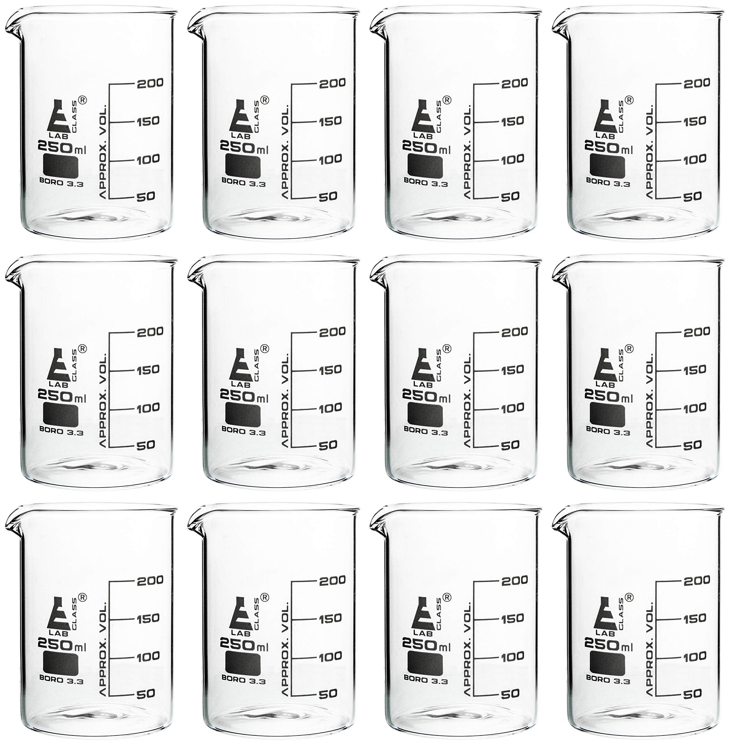 EISCO Premium 250 mL Beakers, Pack of 12 - Low Form Griffin - 50mL Graduations - Borosilicate Glass - Excellent Strength Against Breakage