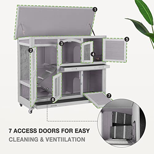 MEDEHOO Two-Story Rabbit Hutch with Wheels Guinea Pig Cage Indoor Outdoor Bunny Cage with 2 Deep Leakproof Tray