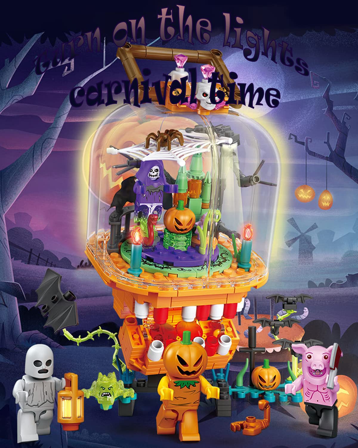 Building Blocks Building Toy 3D Toy Blocks DIY Bricks Toys Building Set Unique Home Decor, Birthday Tricky Magic Night Pumpkin Wizard for Lego (Halloween Lights)