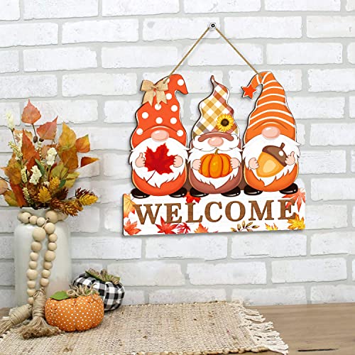 Fall Welcome Door Sign Decor, Gnomes Fall Hanging Sign Thanksgiving Wooden Signs Decorative Wall Plaque, Rustic Front Door Yard Farmhouse Home Autumn Harvest Decorations