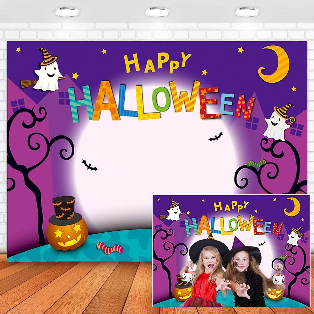 CHAIYA 7x5ft Halloween Backdrop Cartoon Halloween Photo Backdrop Pumpkin Moon Photography Backdrops Happy Halloween Party Decorations Cake Table Banner CY-137