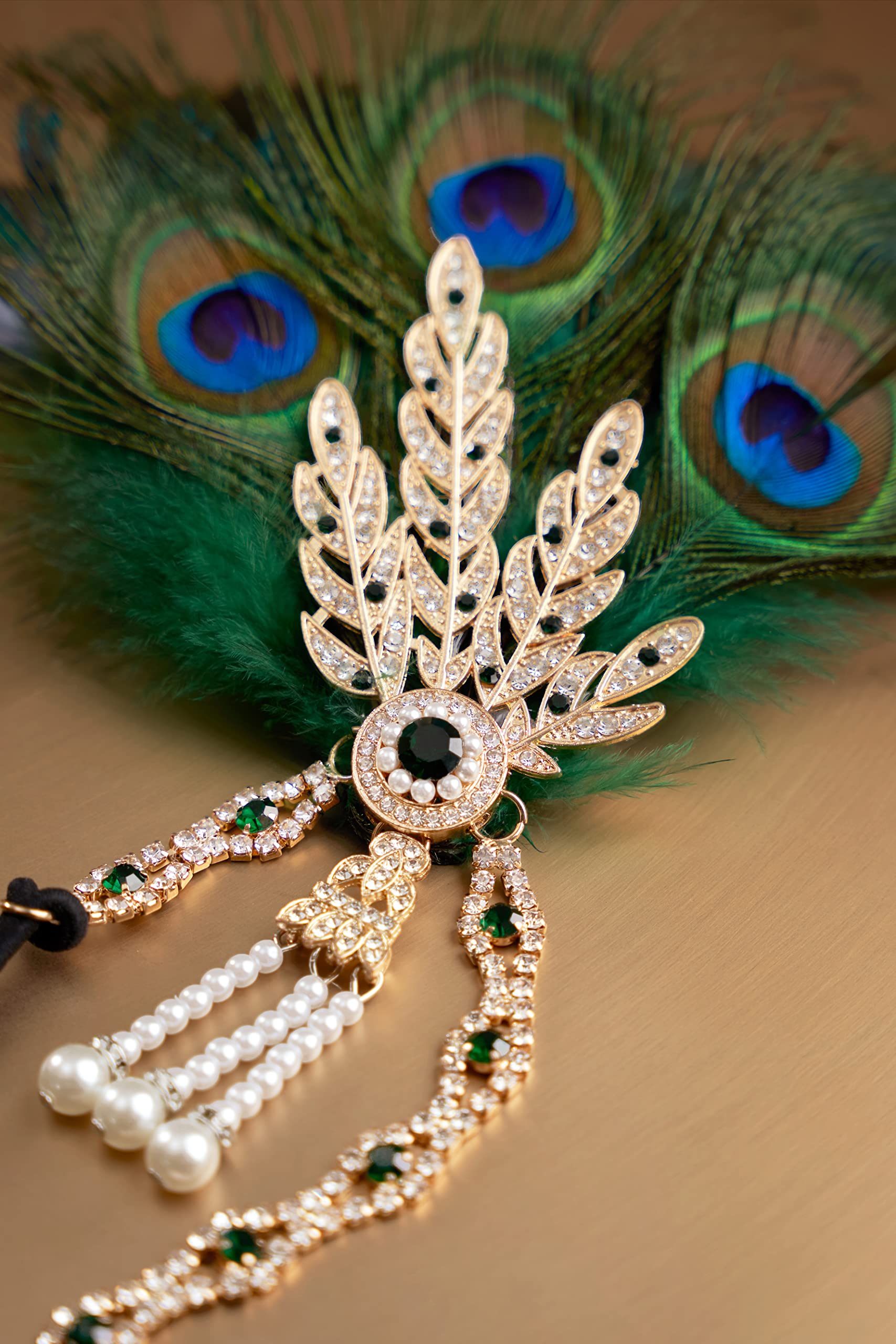 BABEYOND 1920s Flapper Headband Feather Headpiece Roaring 20s Gatsby Hair Accessories for Women (Peacock Green)