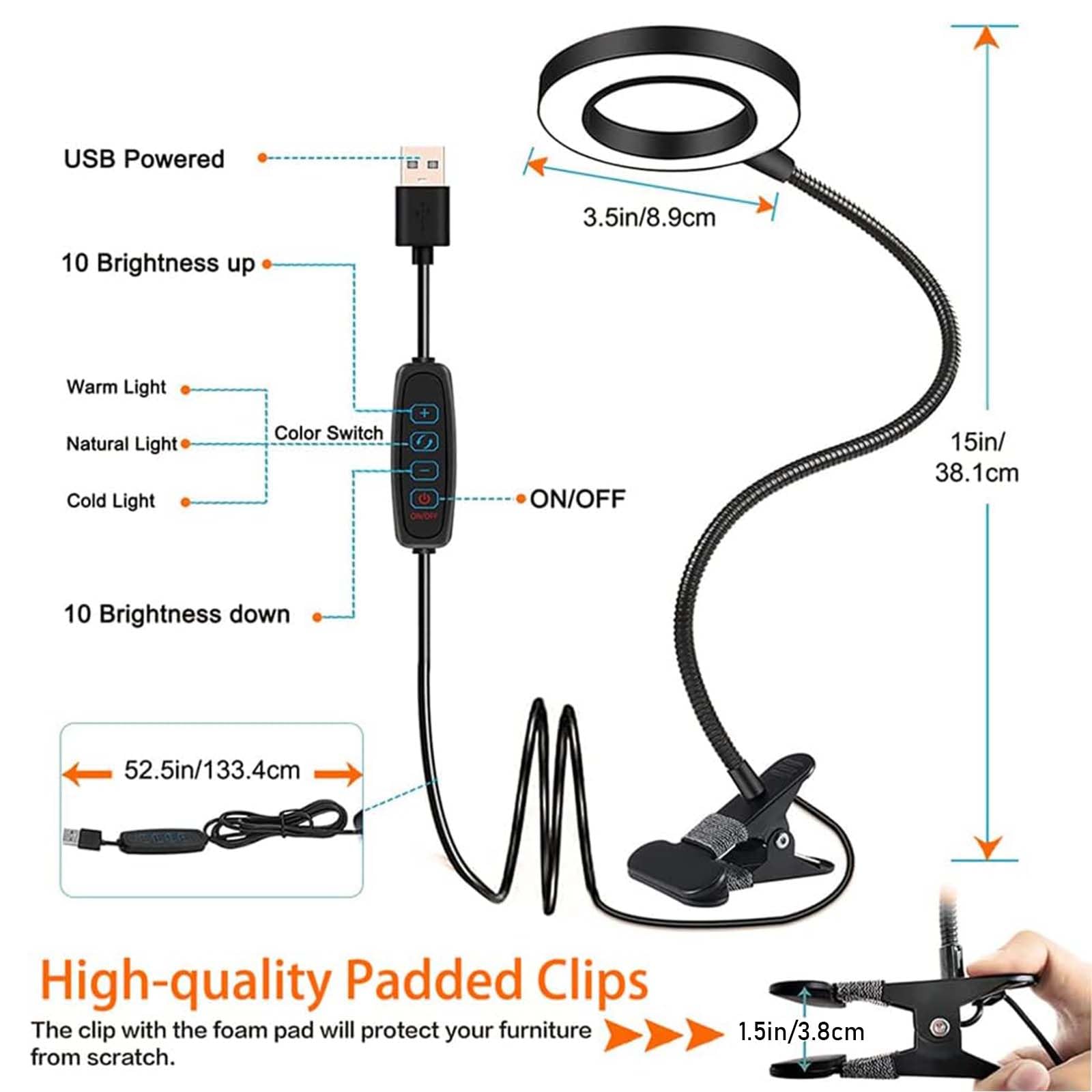 Brokimis Clip on Light LED Reading Book Study Lamp 3 Color Modes 10 Brightness Eye Protection 360° Flexible Gooseneck Student Dormitory Office Desk Lamp at Night in Bed