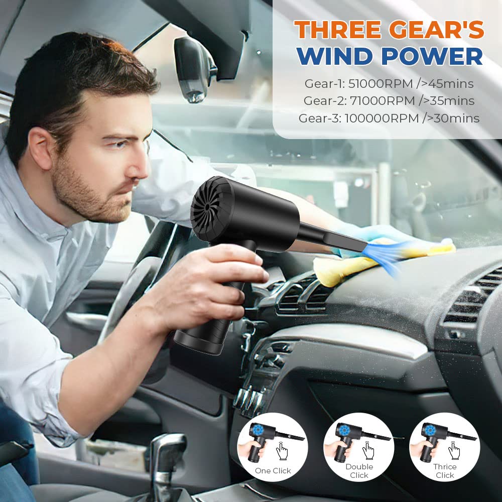 Compressed Air Duster and Vacuum 2-in-1, Reusable Keyboard Cleaner, Good Replace Compressed Air Can, Electric Air Duster 100000RPM -Cordless Air Duster for Computers 9000 mAh (Black)