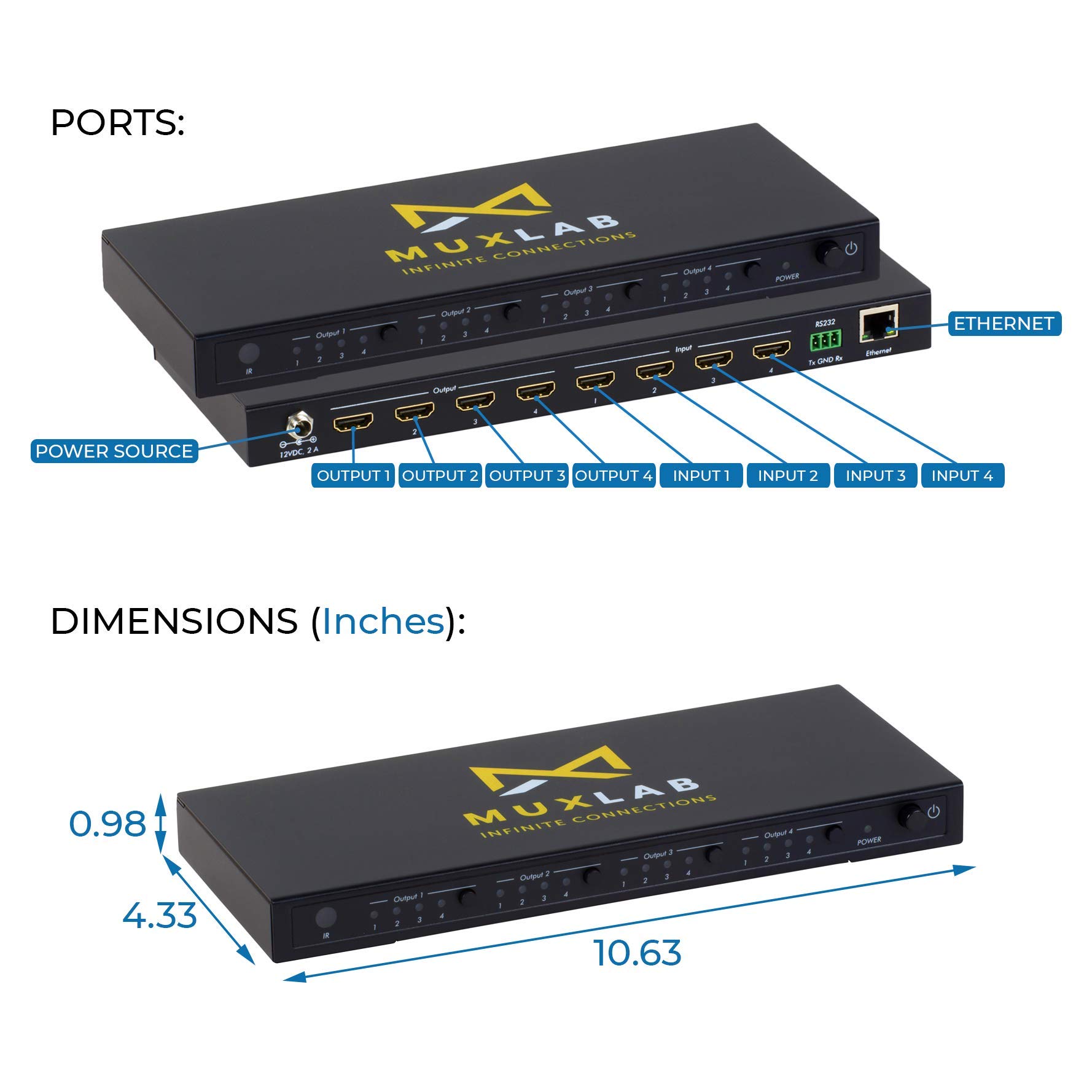 MuxLab 4x4 HDMI 2.0 4K 60hz Matrix Switcher | IR Remote | Supports 4K@60Hz | 4:4:4 | HDR | 4 in 4 Out | No Driver | Control with IR Remote | RS232 | TCP/IP & Push Button | Switcher and Splitter