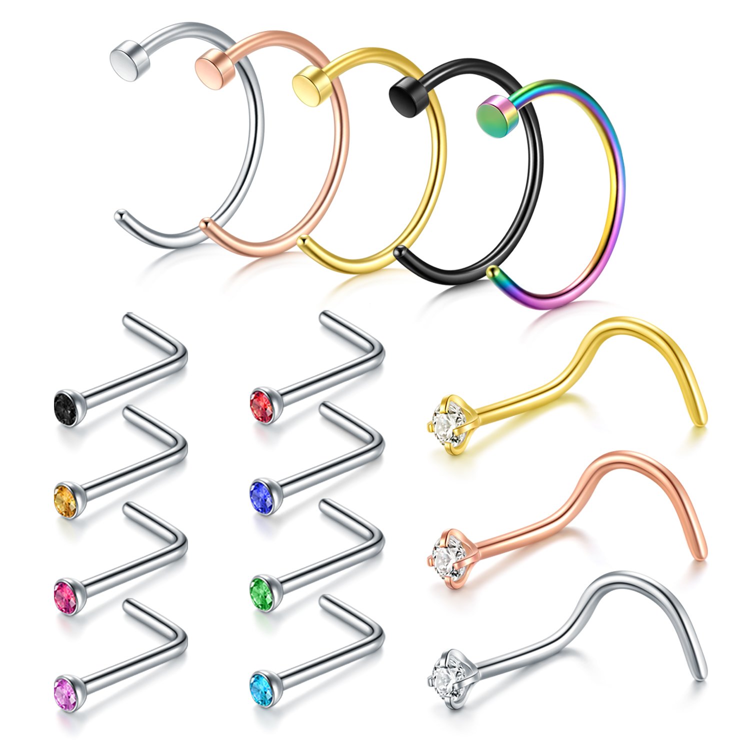 Incaton Nose Ring, 16PCS 316L Surgical Stainless Steel Body Jewelry Piercing Nose Hoop Ring and L Shaped Ring