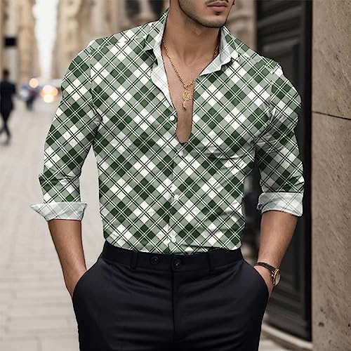 Mens Shirts Short Sleeve Pullover Men Digital 3D Printing Plaid Color Matching Long Shirt Top Blouse Mint Green