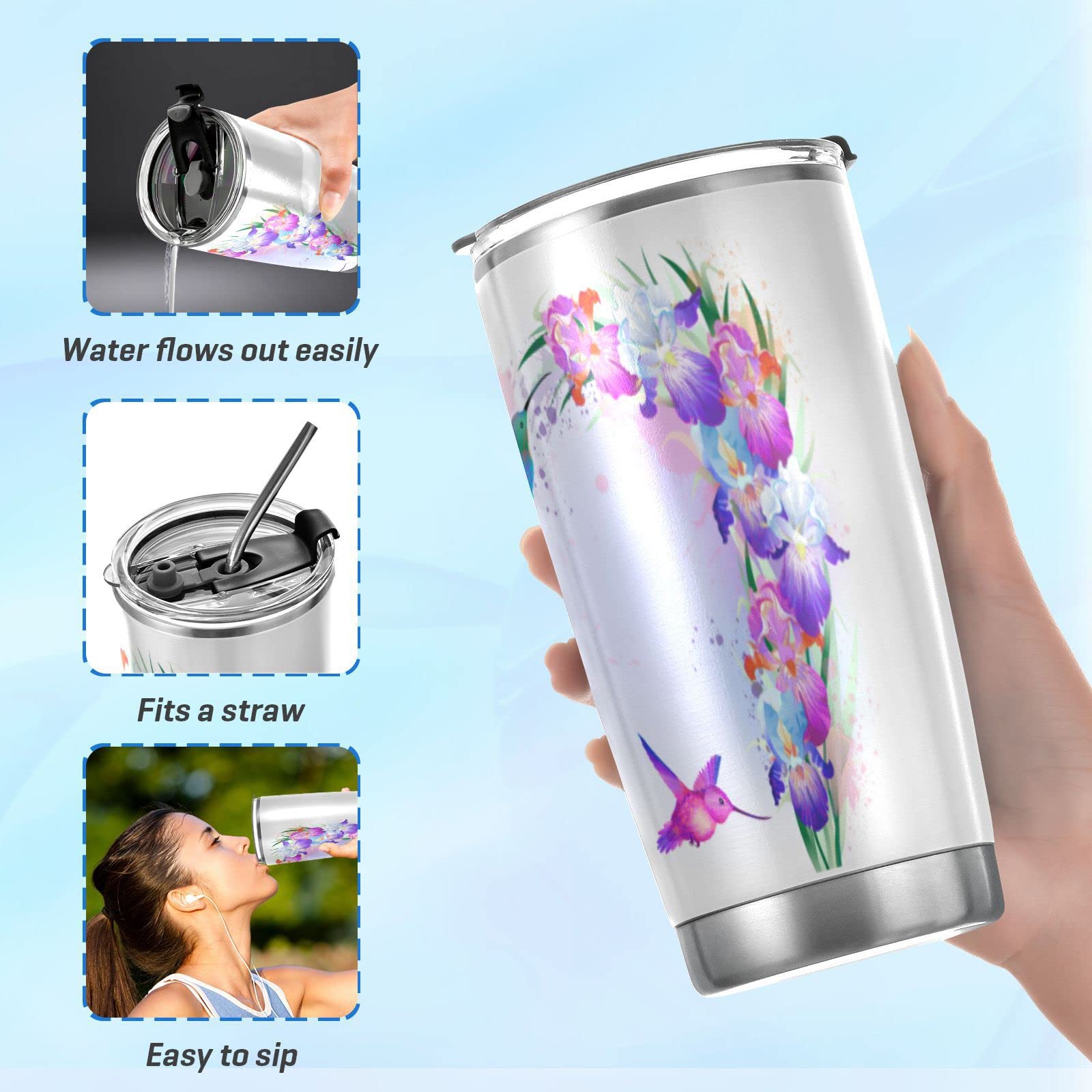 Bright Iris Flowers Hummingbirds Travel Mug Insulated Tumbler with Lid and Straw Spring Floral Beautiful Stainless Steel Vacuum Double Walled Drinking Cup Keeps Drinks Cold&Hot Water Bottle for Trave