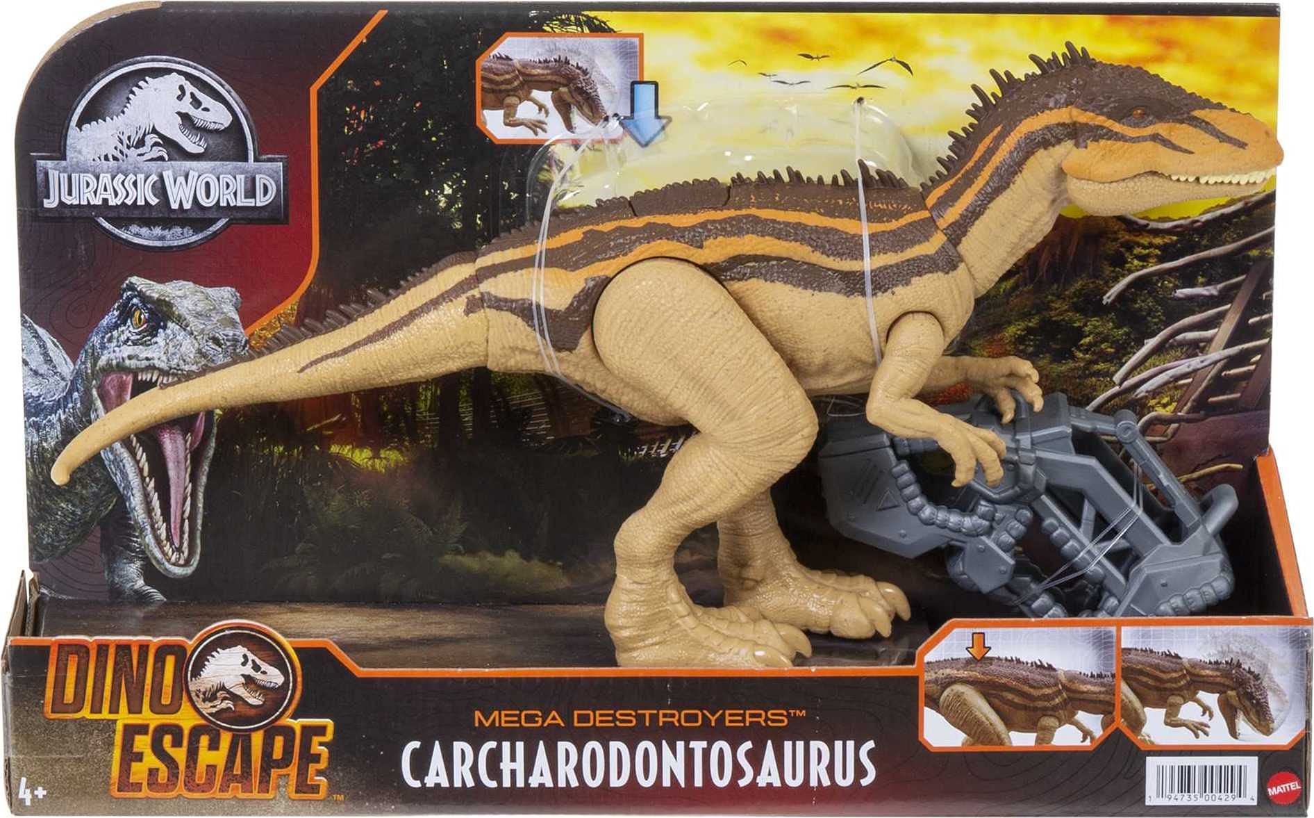 Mattel Jurassic World Mega Destroyers Dinosaur Action Figure, Carcharodontosaurus Brown Dino Toy with Attack Motion & Breakaway Accessory