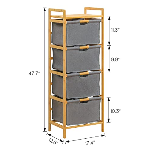 MoNiBloom Bamboo Organizer Clothing Storage Shelf with 4 Part Compartment Sorter Baskets Fabric Removable Clothes Drawers for Bedroom Laundry Living Room, Grey