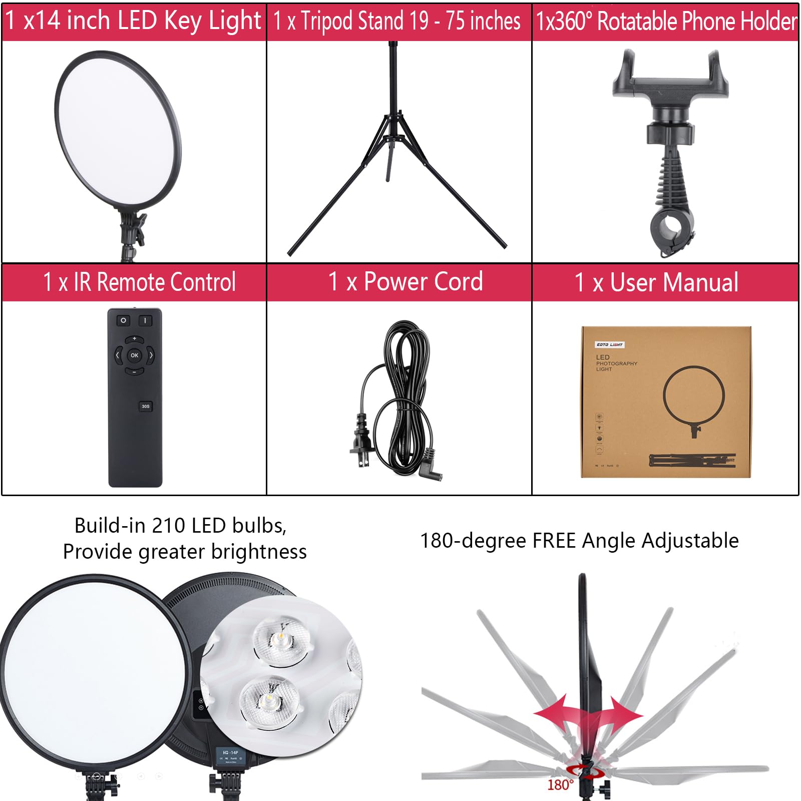 EOTO Light LED Ring Light - 14 inch 5000 lumens Studio Light with Tripod Stand for Tiktok, Vlog, Video Shooting, Video Conferencing, Streaming Light with LED Display and Remote Control (Gray)