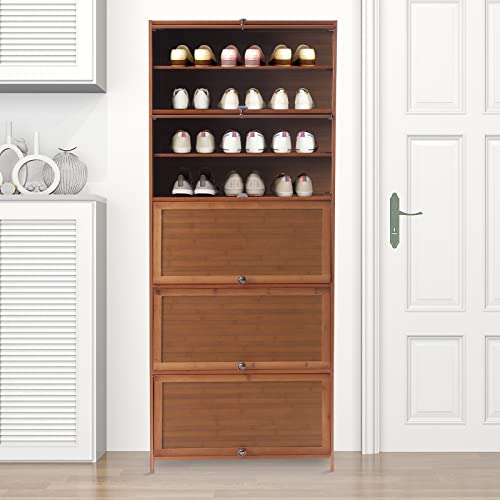 Gdrasuya10 10 Tier Shoe Rack, Tall Bamboo Shoe Storage Cabinet with Doors Freestanding Shoes Storage Shelf Organizer for Entryway Living Room Bedroom, 27.58 x 12.60 x 67.72in