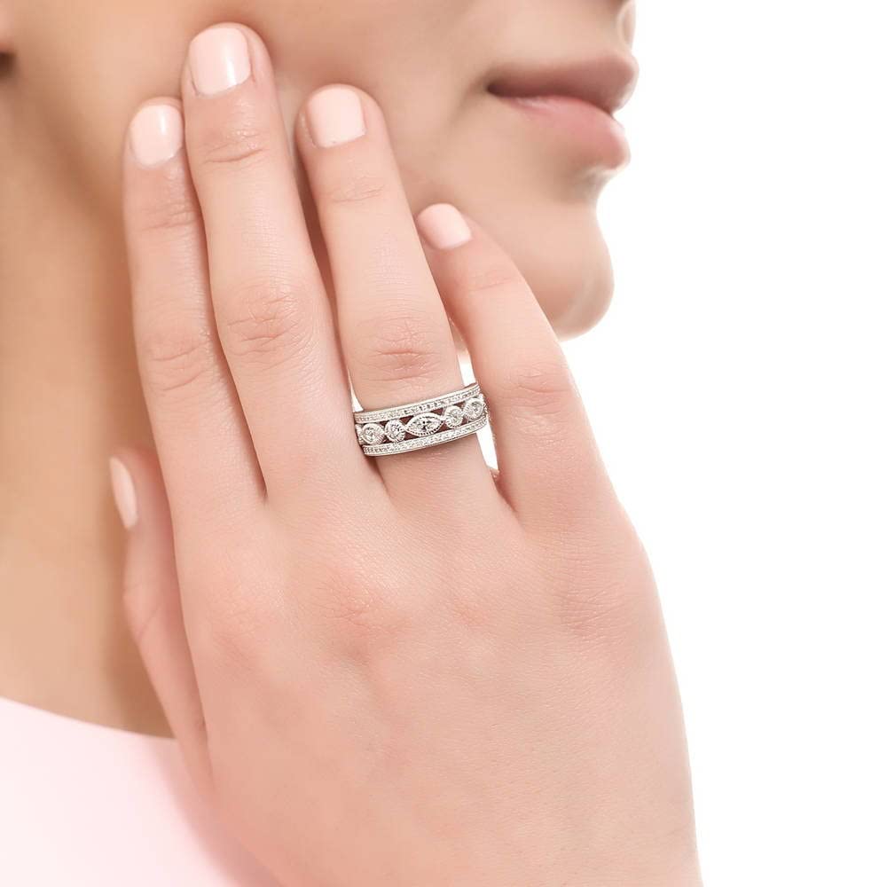 BERRICLE Sterling Silver Art Deco Wedding Rings Milgrain Bezel Set Cubic Zirconia CZ Anniversary Half Eternity Ring for Women, Rhodium Plated Size 7.5