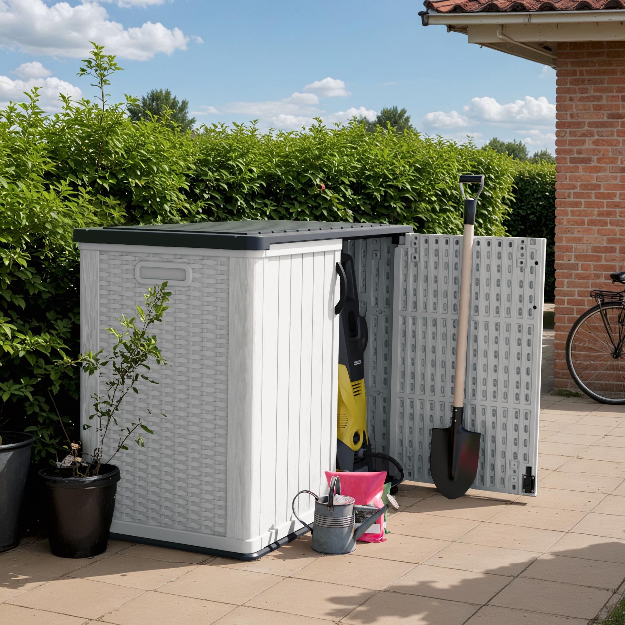 Devoko Outdoor Storage Cabinet 26 Cu Ft with Pad-Lockable Doors, Horizontal Storage Shed Waterproof Patio Tools Storage Box for Sofa Cushions, Gardening Tools and Accessories (Beige)