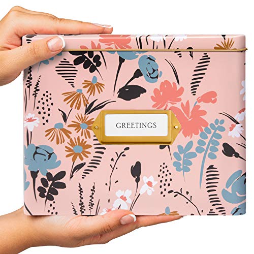 Jot & Mark Greeting Card Organizer Box Set | Decorative Recipe Tin Box, Tab Dividers, Matching Greeting Cards and Envelopes (Meadow)