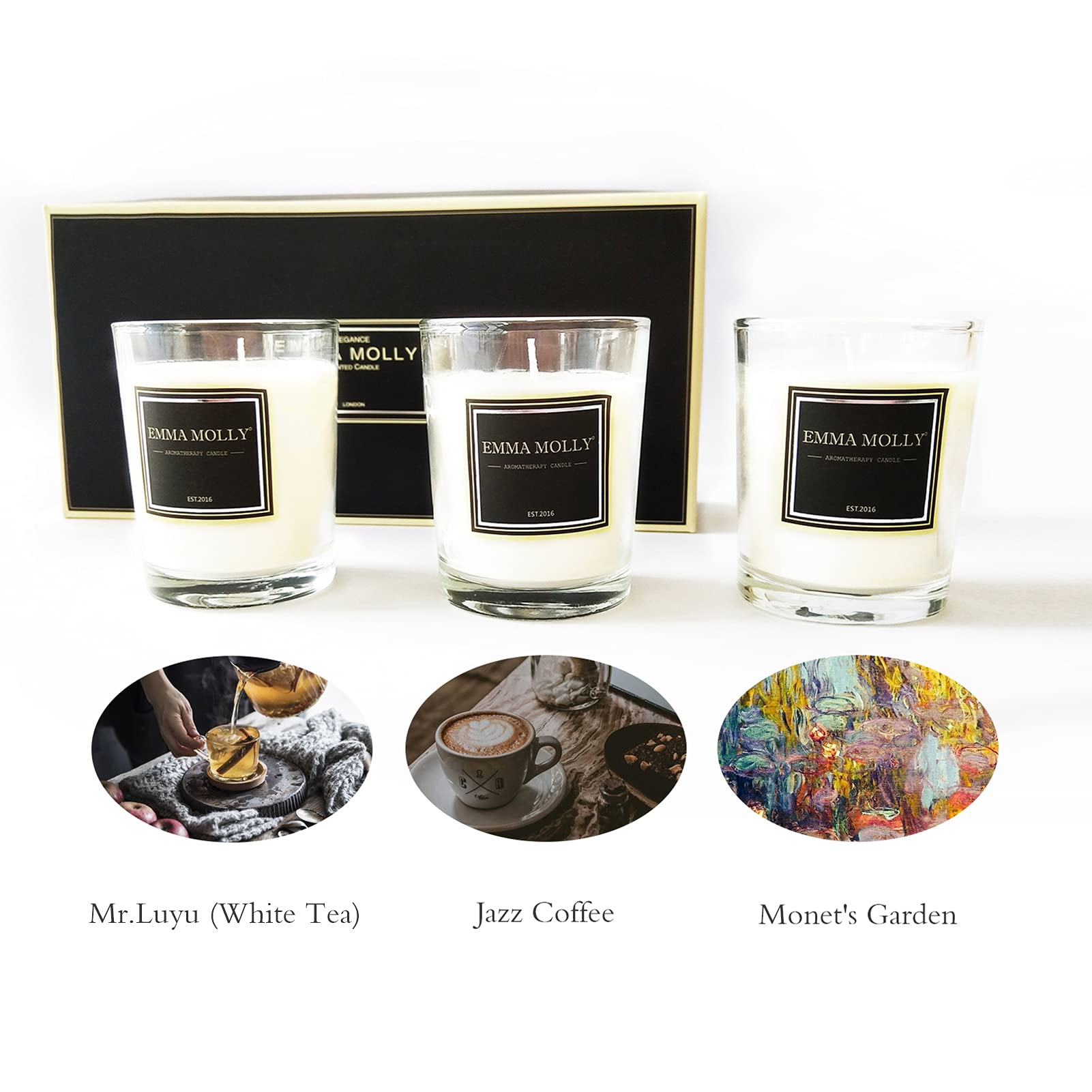 Scented Candles Gift Set White Tea + Jazz Coffee + Monet's Garden, 3 pcs Small Jar Aromatherapy Fragranced Candles, Assorted, 33 Hours Burning