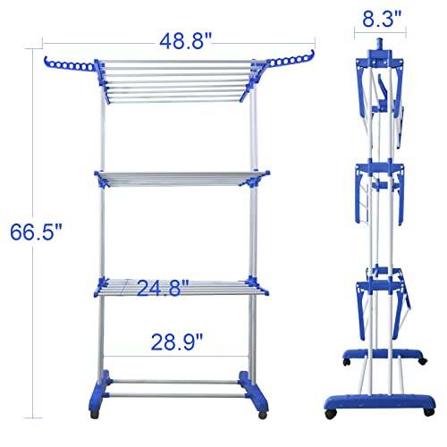 Foldable Clothes Drying Racks with Storage Shelves, Garment Rack with Rolling Free-Standing Clothing Rack Closet Organizer with Double Rods/Lockable Wheels & 2 Pairs Side Hooks (Blue)