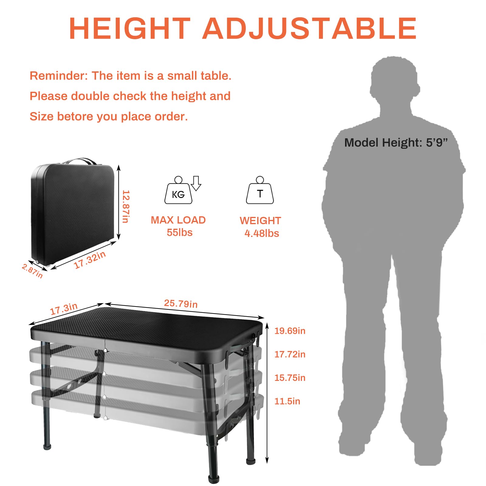 Boreeman Camp Table, Beach Height Adjustable Small Folding Portable Also Perfect as RV Picnic Lap Bed Trays for Eating and Laptops (Black)
