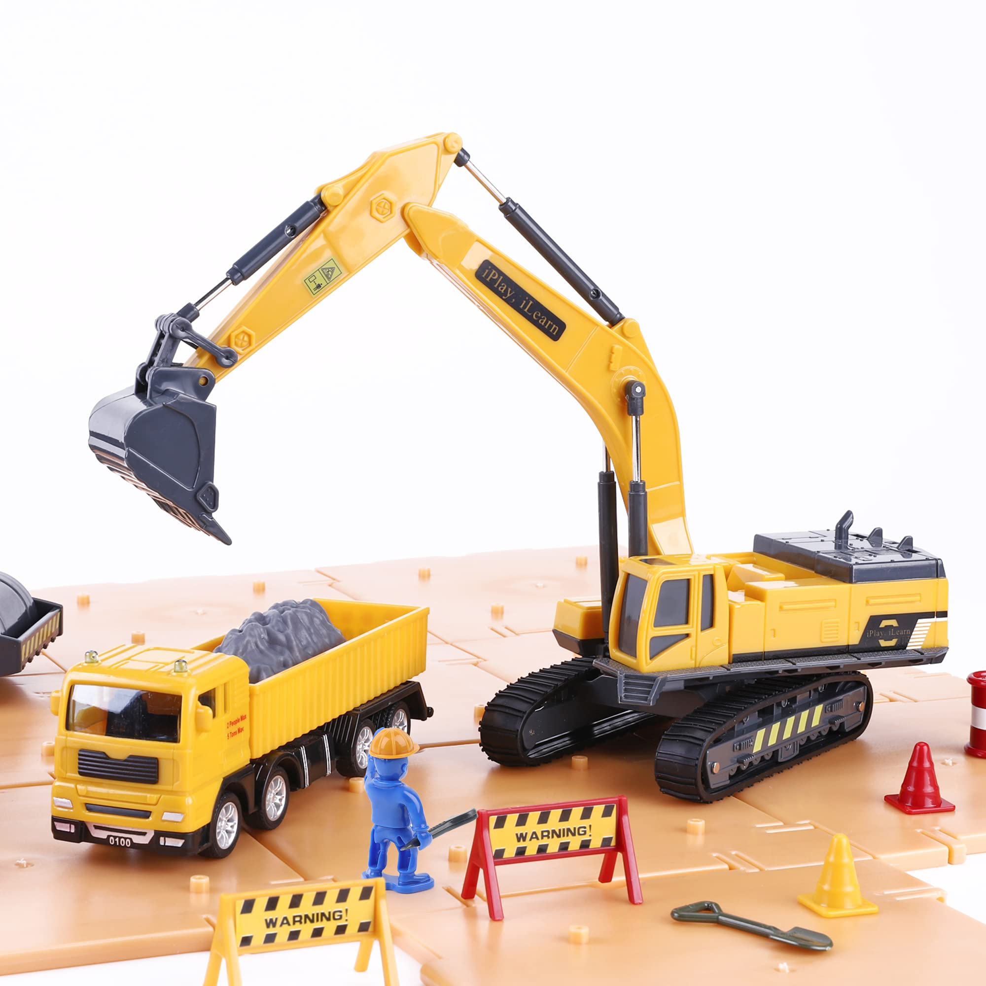 iPlay, iLearn Construction Site Vehicle Toy, Kids Engineering Play Truck Set, Tractor Digger Crane Dump Excavator Cement Steamroller, Birthday Stocking Stuffer Gift 3 4 5 Year Old Toddler Boy Children
