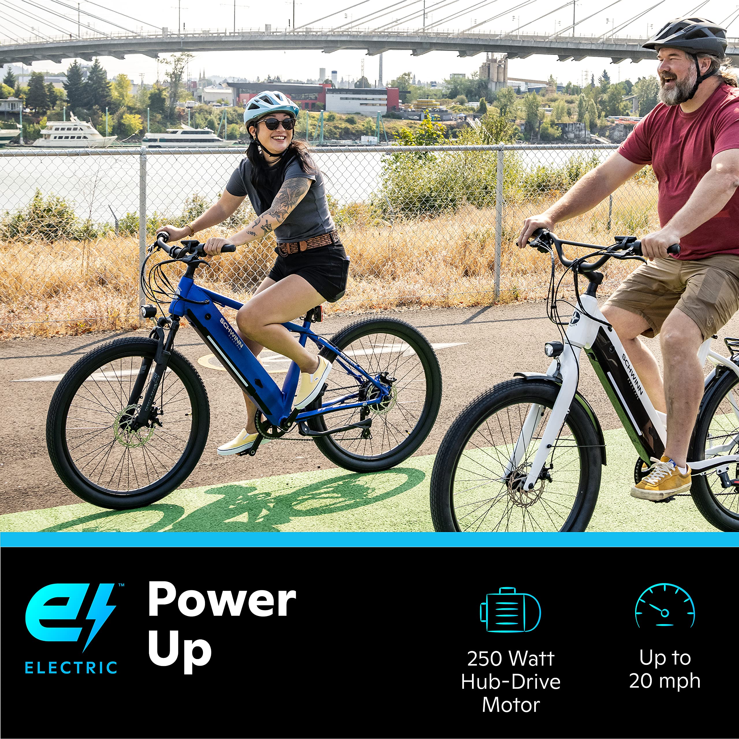 Schwinn Marshall Electric Hybrid Bike for Adults, Small/Medium Step-Thru Aluminum Frame, 250W Motor, 7 Speed, 27.5-Inch Wheels, Gloss Grey