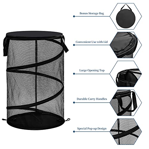 Mesh Collapsible Laundry Hamper with Lid, Large Clothing Storage Bucket with Handles,Dirty Clothes Storage Basket for The Kids Room, College Dorm or Travel (1PCS, Black)