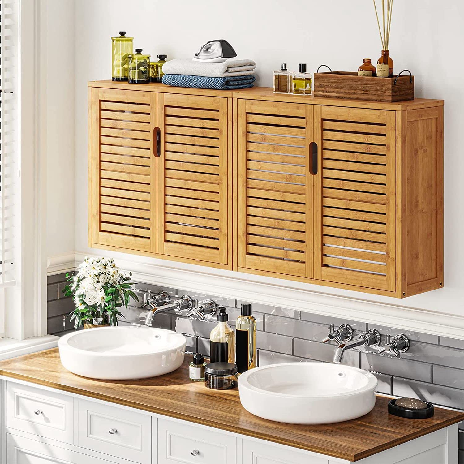VIAGDO Wall Cabinet Bathroom Storage Cabinet Wall Mounted with Adjustable Shelves Inside, Double Door Medicine Cabinet, Utility Cabinet Organizer Over Toilet, Bamboo, 23.2''Lx8.3''Wx20.1''H