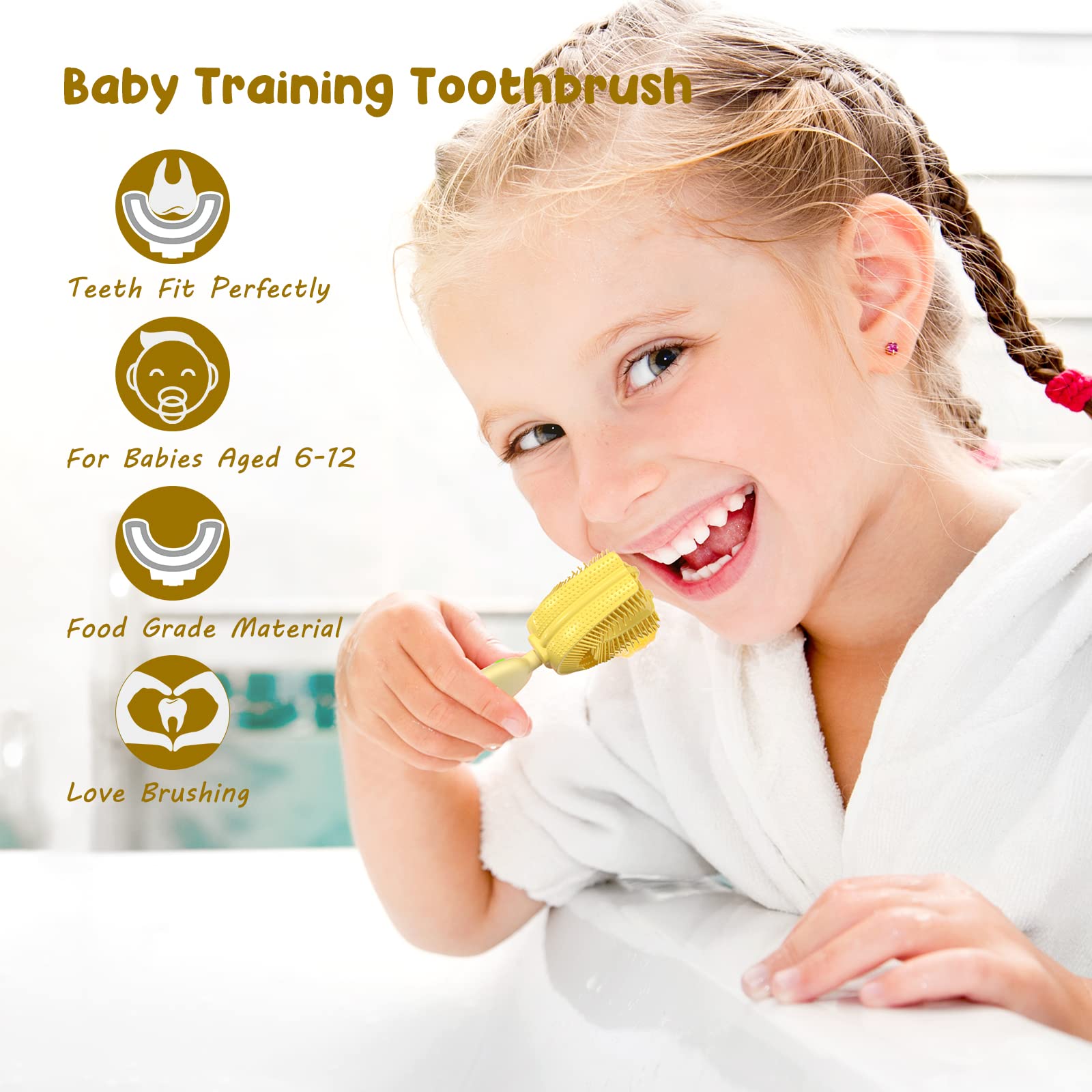 Kids U-Shaped Toothbrush,Soft Silicone Toothbrush Head, Manual Training Tooth Brush, 360° Oral Teeth Cleaning Design for Toddlers and Children Age 6-12,Yellow