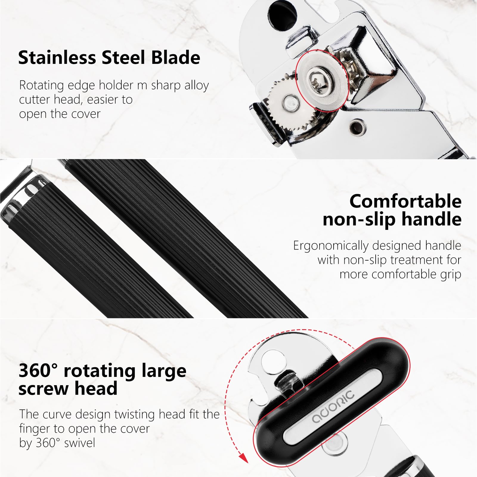Can Opener Manual, Stainless Steel Smooth Edge, Classic Safe Multifunction Manual Can Opener with Comfortable Handle, Easy to Open for Various Shapes-Black