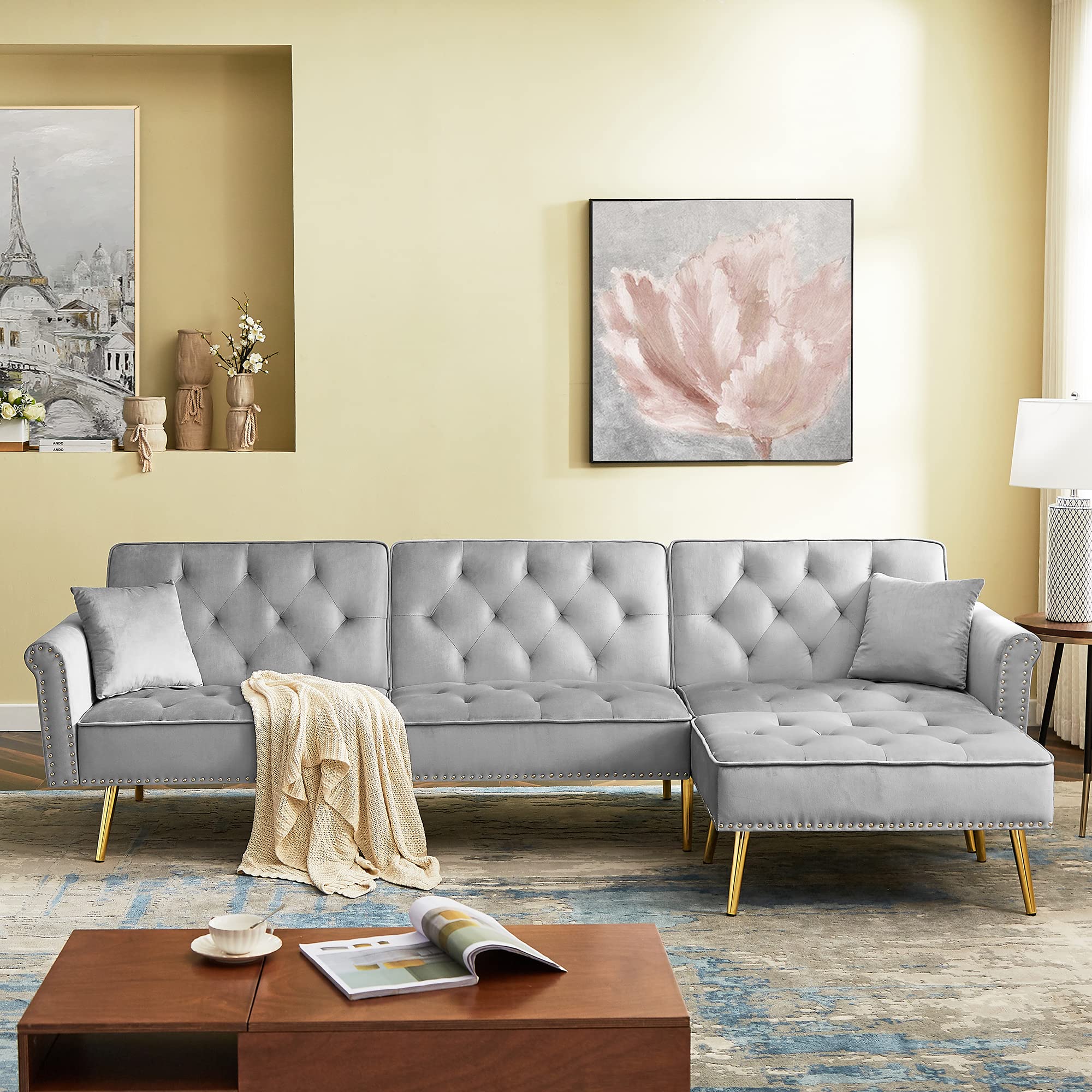 Hommoo 110” Modern Reversible Sectional Couch for Living Room Velvet L Shaped Couch with Removable Ottoman Nailhead Trim 3 Seater Sofa with Metal Gold Legs Light Gray