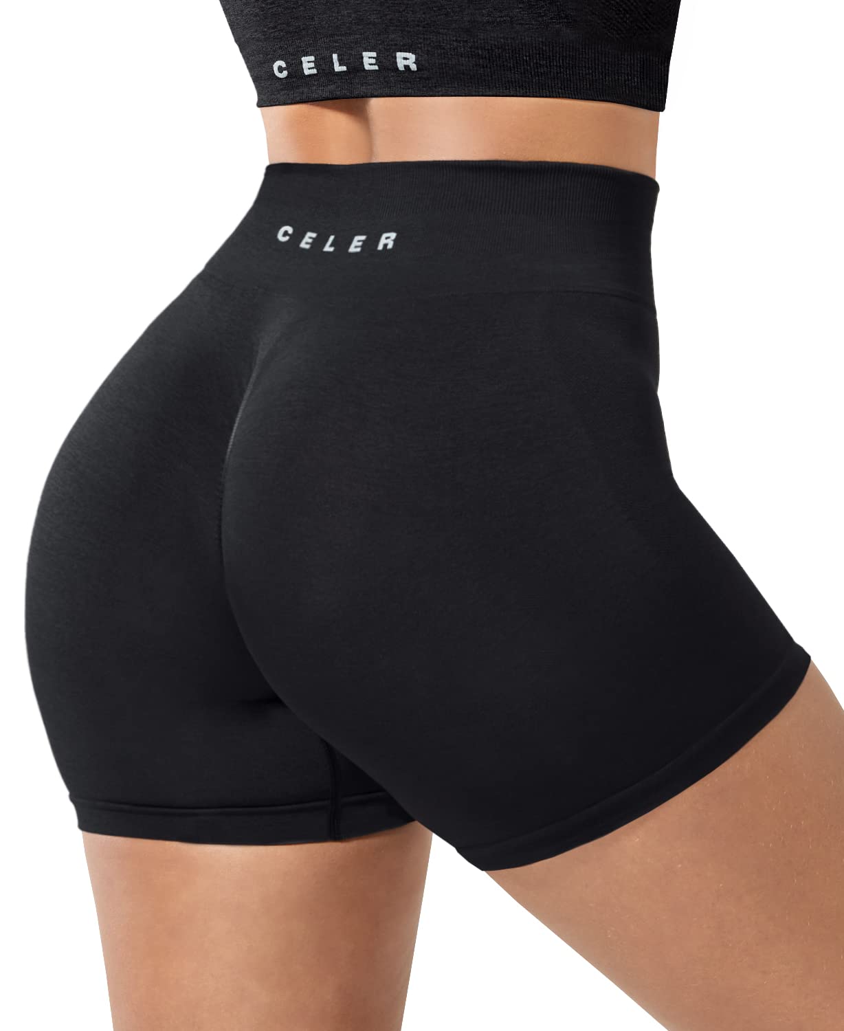 CELER Womens Workout Shorts Seamless Scrunch Butt Gym Shorts High Waisted Yoga Athletic Booty Shorts, Black M
