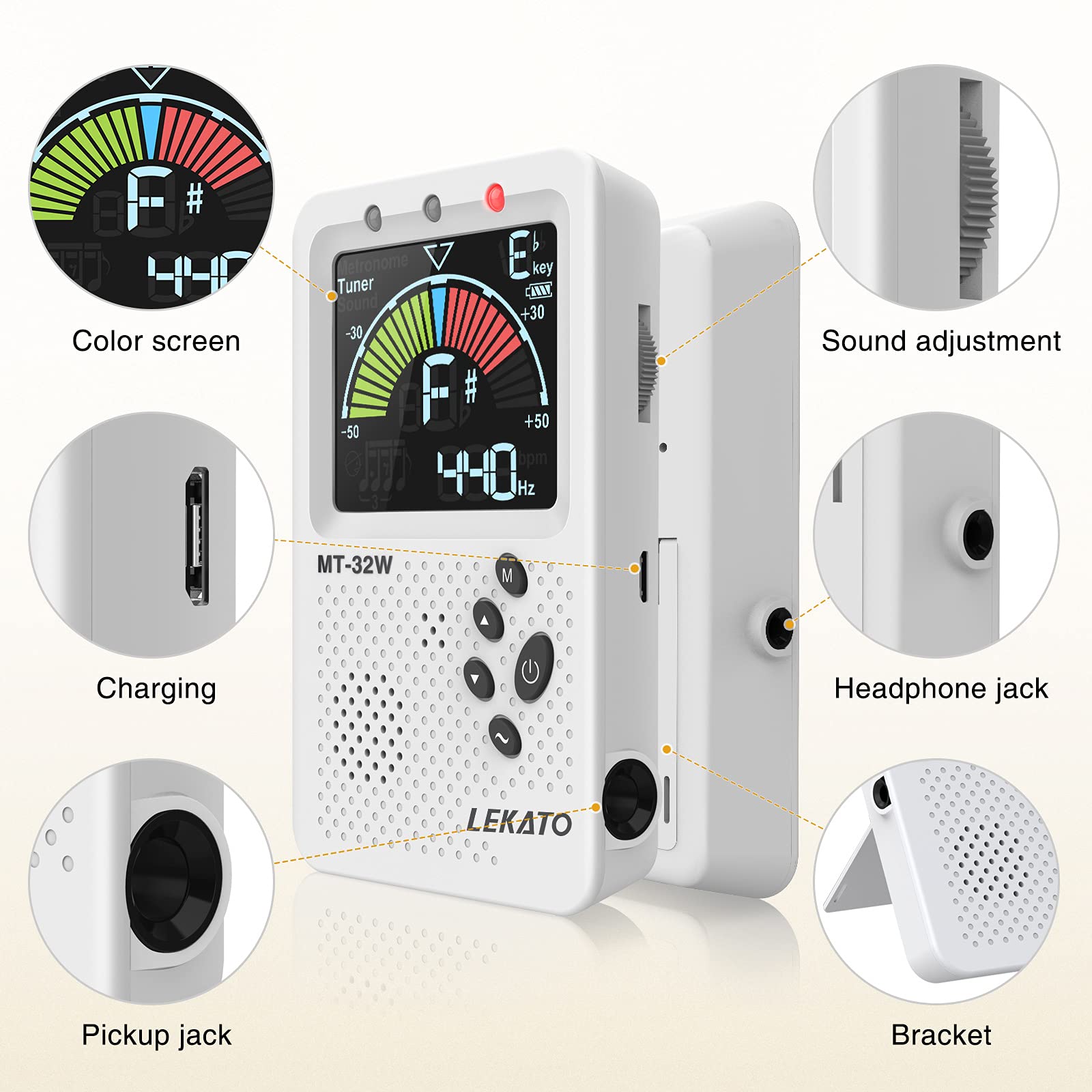 Metronome Tuner, Rechargeable 3 In 1 Digital Metronome with Vocal Count, Tone Generator Tuners for Guitar, Bass, Violin, Ukulele, Chromatic, Clarinet, Trumpet, Flute, All Instruments, White by LEKATO