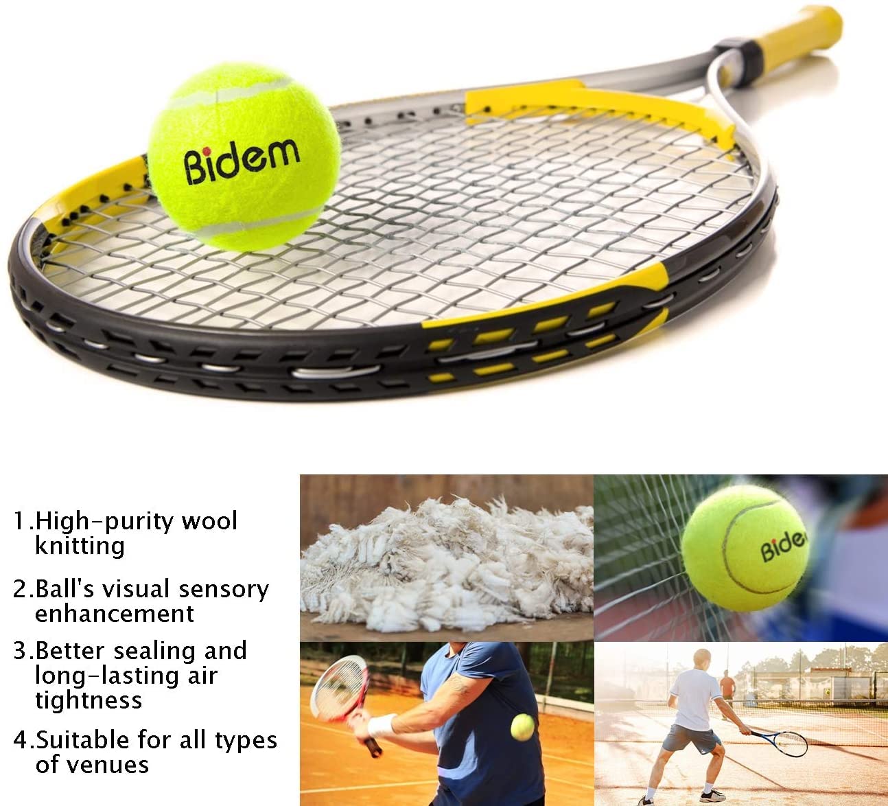 Bidem Tennis Balls, Pressurized Tennis Ball for Tournament and Practice-Pack of 12