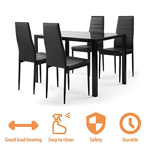 IANIYA Dining Room Table,Kitchen Table, Square Glass Kitchen Table with 4 Chair Black