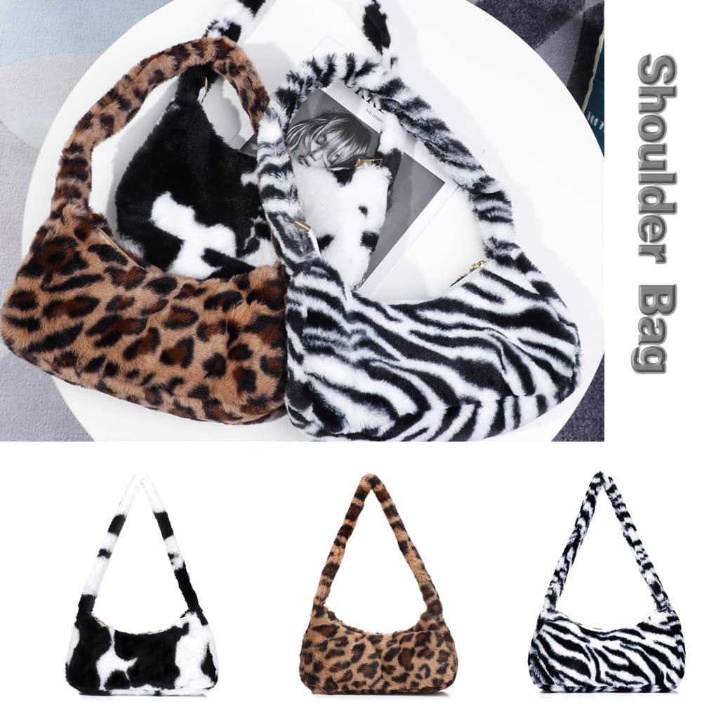 Cofordos Women Cute Soft Plush Leopard Print Clutch Handbag Shoulder Bag Crossbody Purse(leopard)