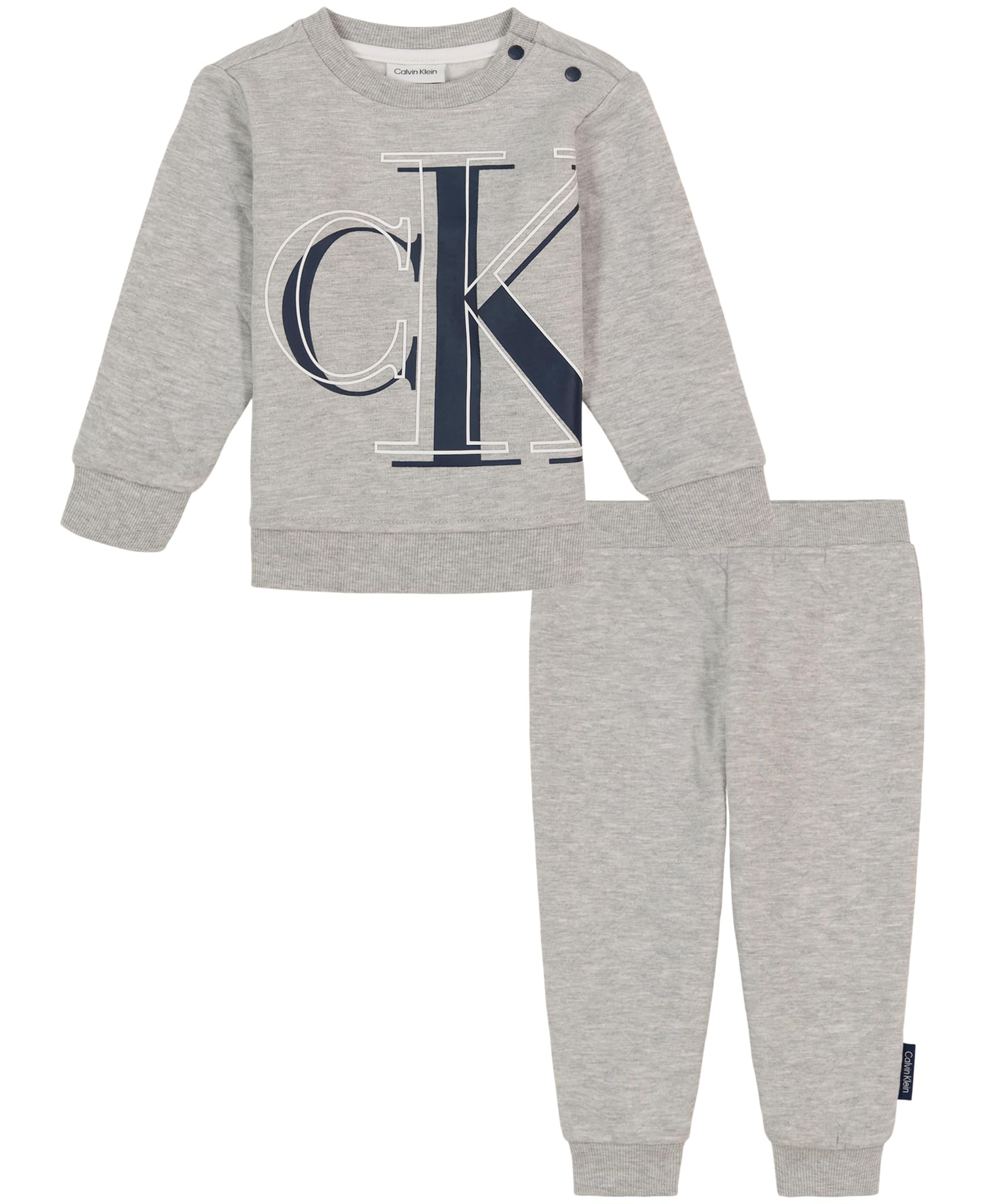 Calvin Klein Baby Boys 2-Piece Crewneck Sweatshirt & Jogger Set, Ultra-Soft & Comfortable Fit, Dress Blues/Heather Mist