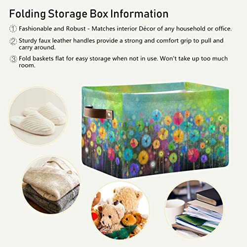 Foldable Storage Basket Green,Spring Flower Decorative Organizer Basket with PU Handles, Baskets for Shelves Home Closet Bedroom Living Room - 1 Pack