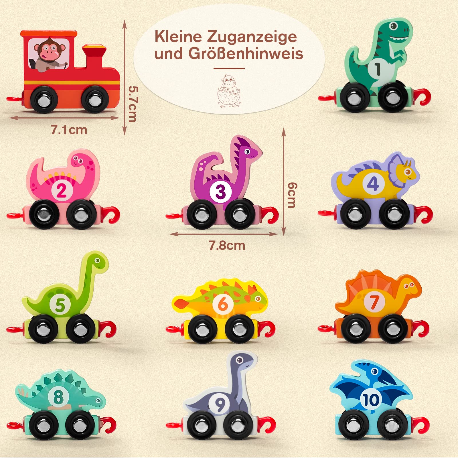 Wooden Dinosaur Numbers Train Game for Toddlers 3 Years Old,Early Education Learning Calculation Block Kit Toys for Boys & Girls Birthday Gift.