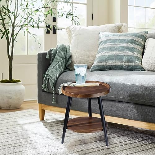 FANTERSI Small Round Side Table, 2-Tier Mid Century Modern Side Table, Round End Table Small Side Table for Living Room, Metal Frames, Brown