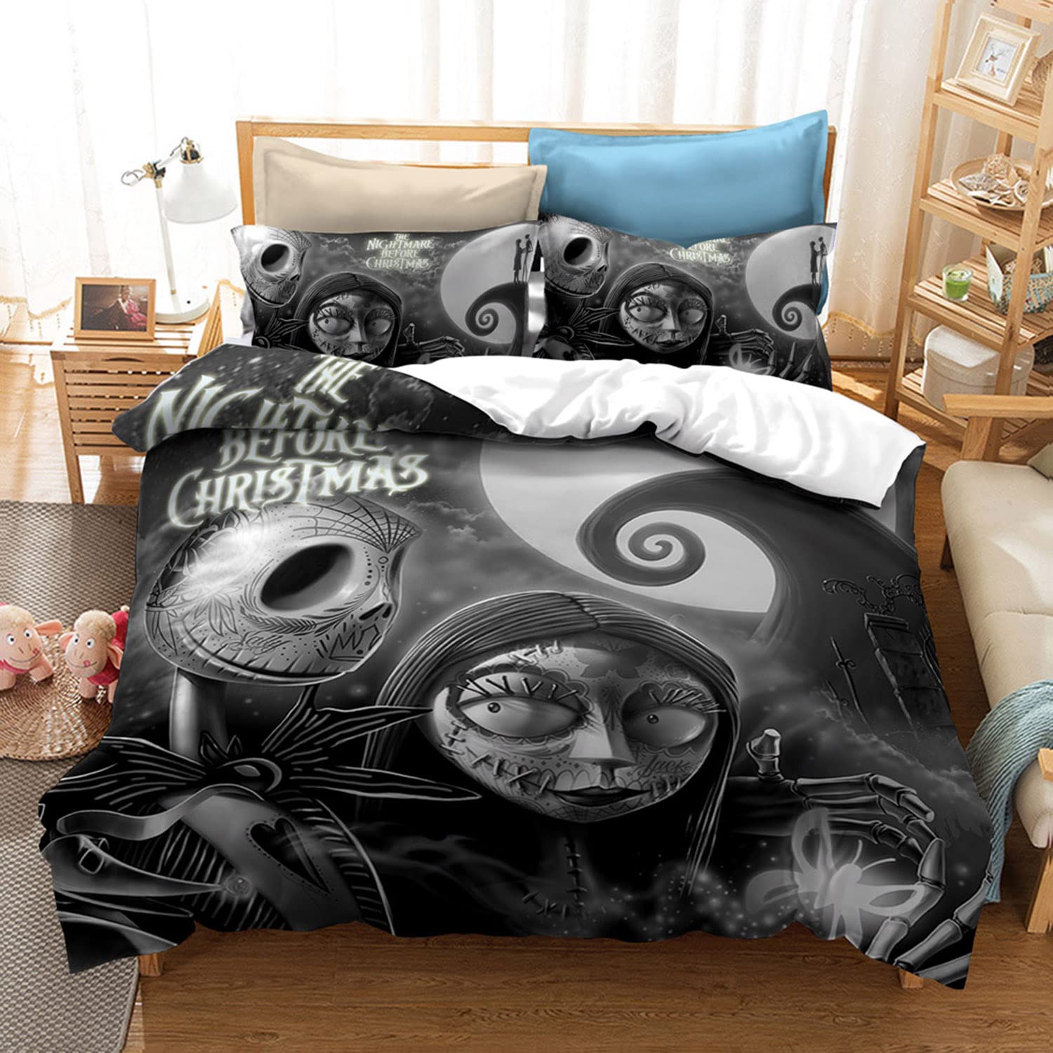 Felu Bedding Duvet Cover Set of Kids, The Nightmare Before Christmas Pattern Comforter Cover Set with 1 Duvet Cover and 2 Pillowcases (King Size)